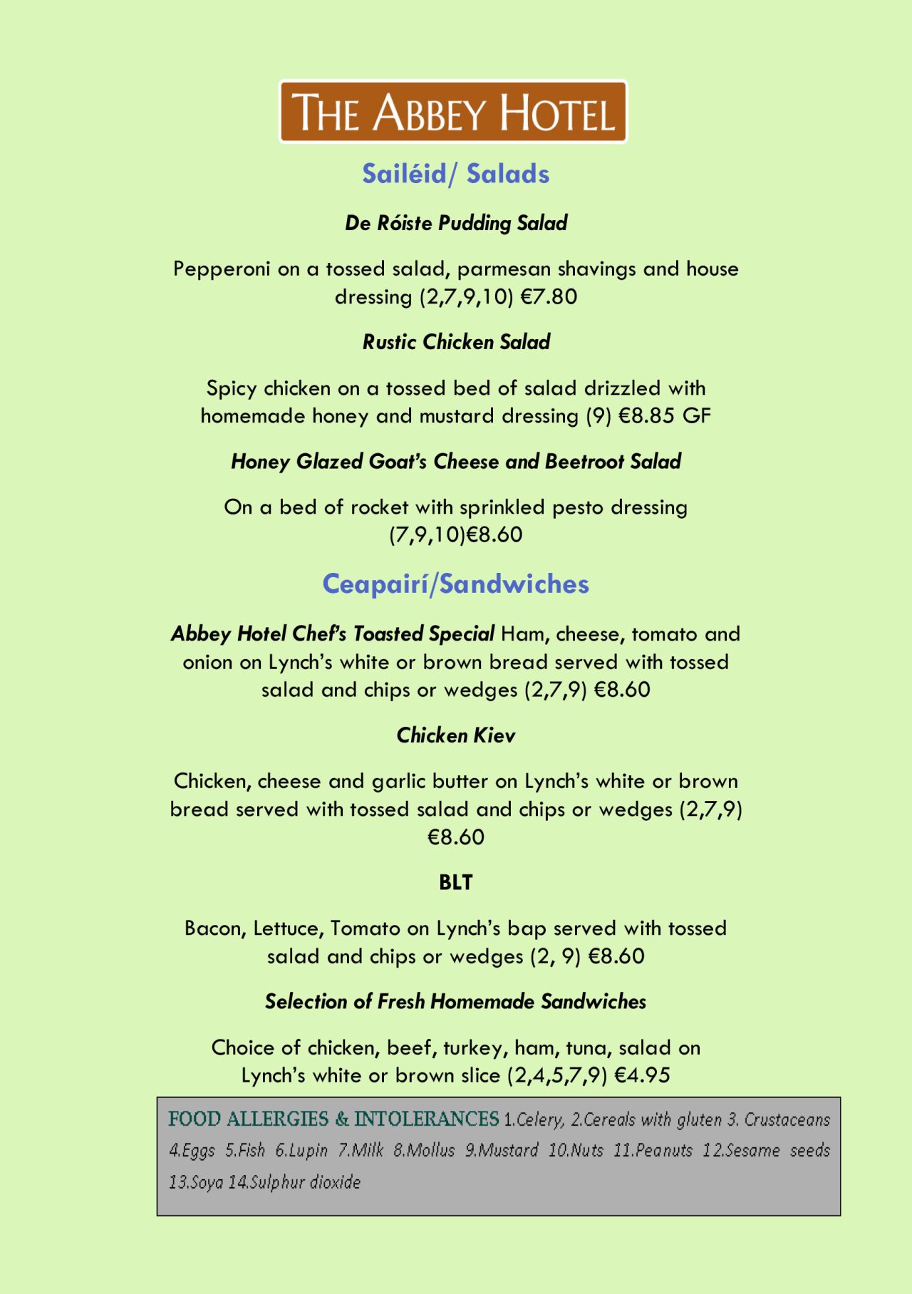 Menus | The Abbey Hotel Ballyvourney