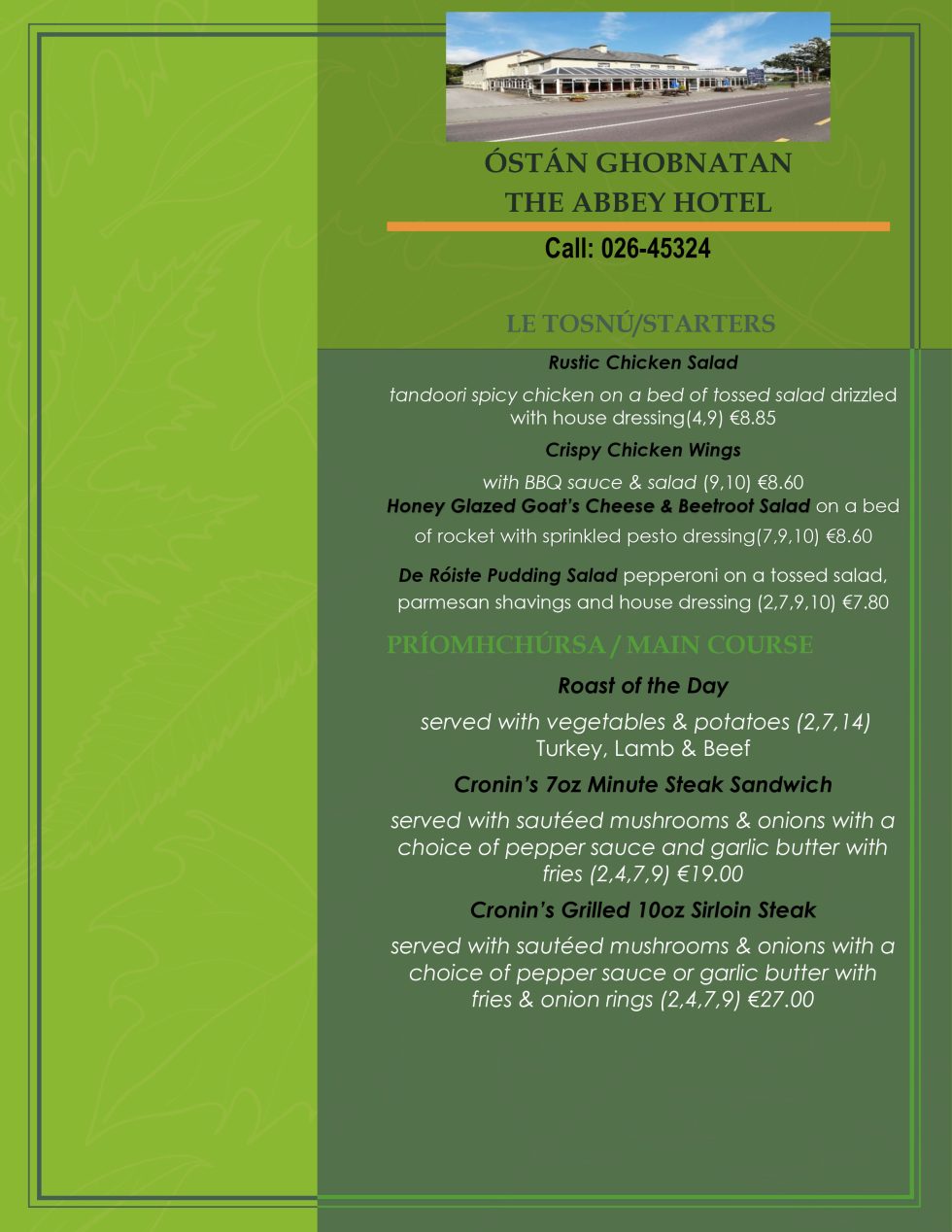 Menus | The Abbey Hotel Ballyvourney