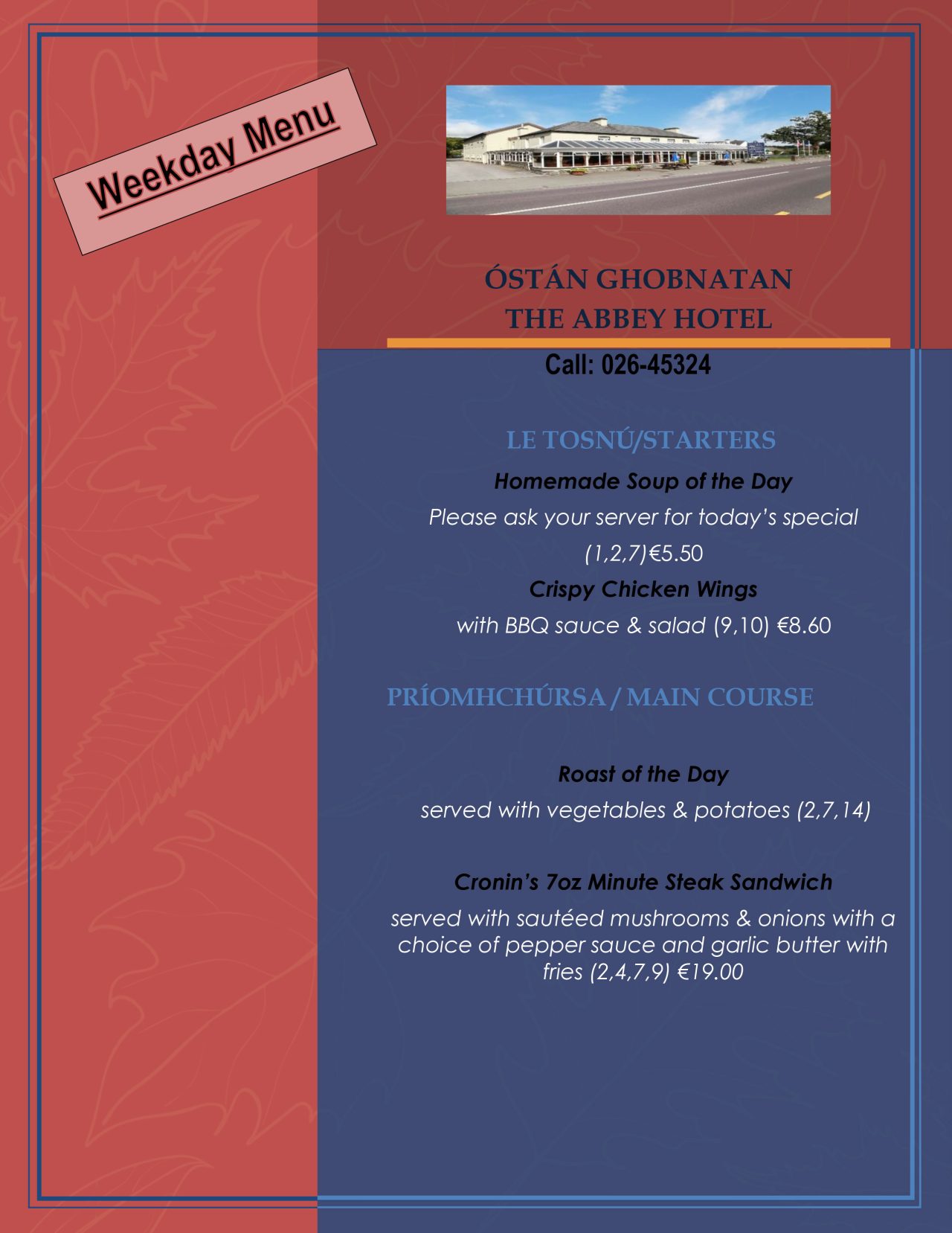 Menus | The Abbey Hotel Ballyvourney